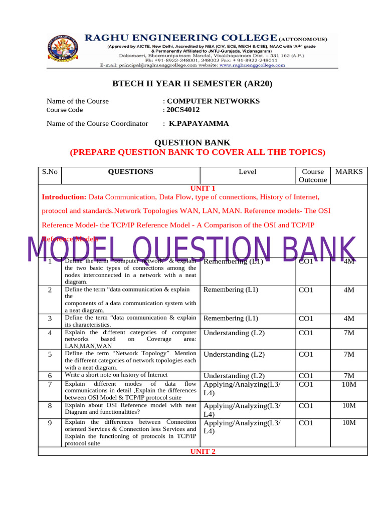 AR20-II-II CN Question Bank (1) | PDF | Computer Network | Multiplexing