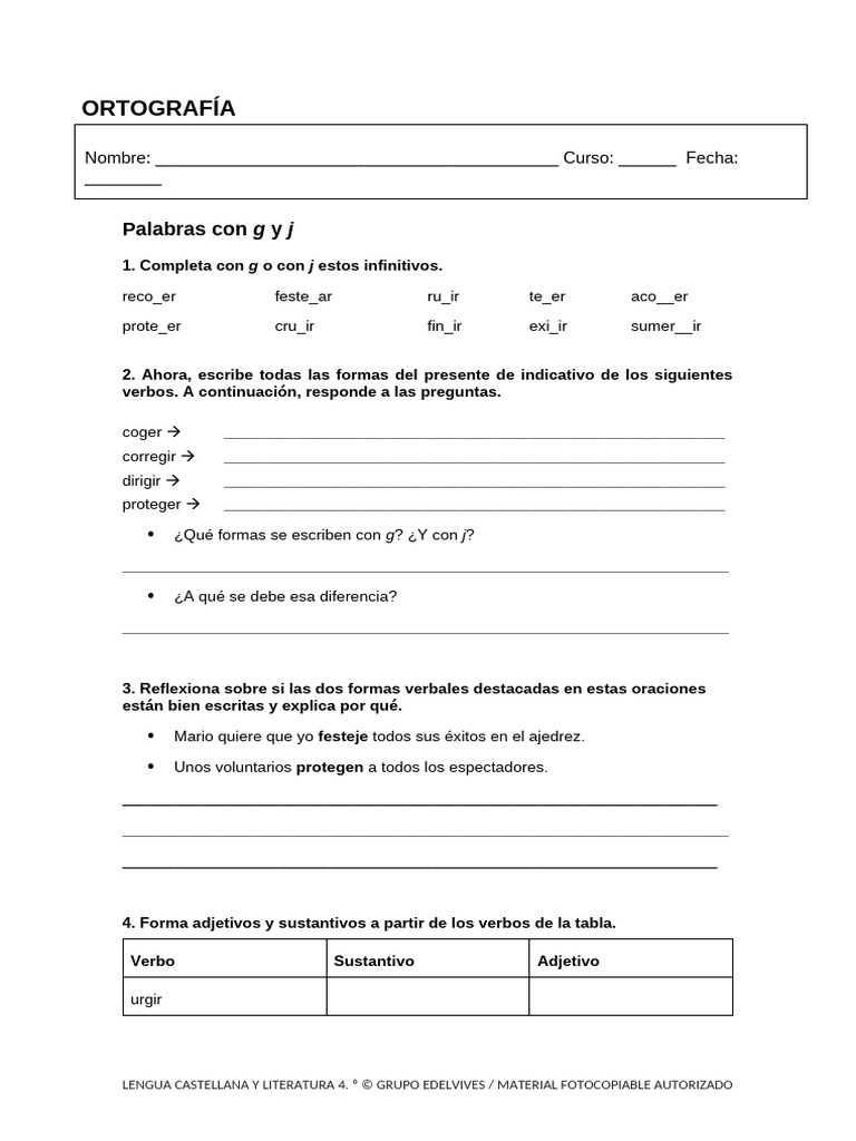 Ejercicios de Ortografía: G y J | PDF | Verbo | Tipología Lingüística