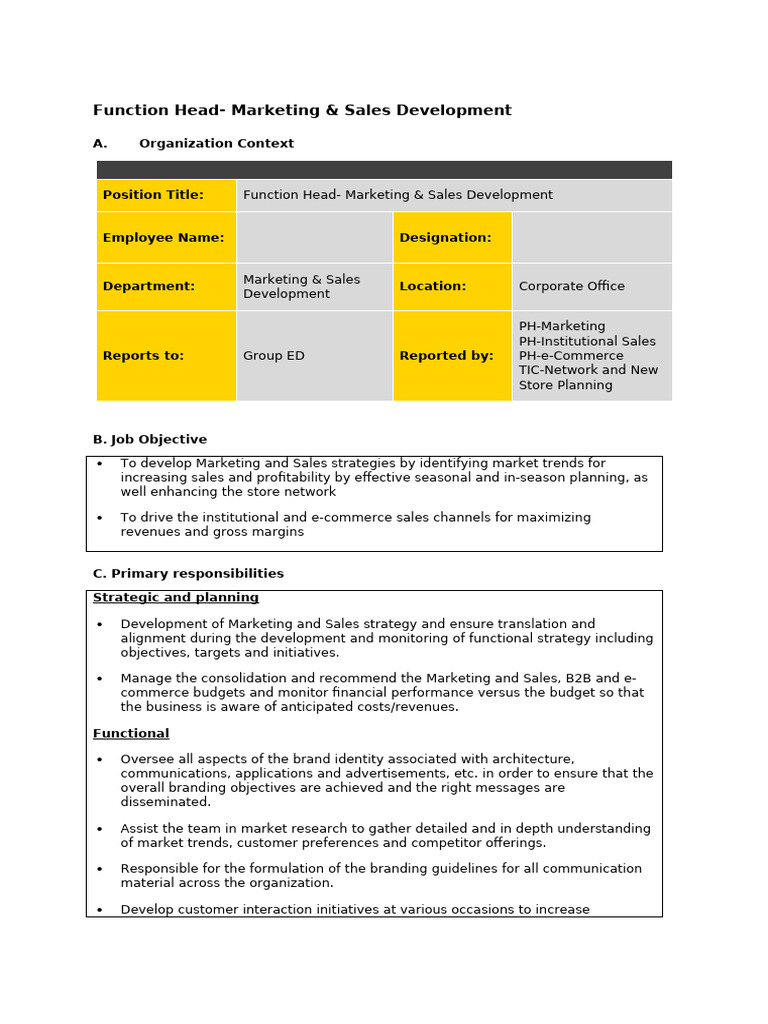 Marketing & Sales Head Job Description | PDF | Marketing | Sales