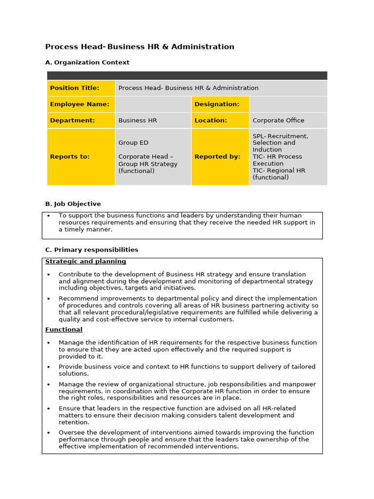 Business HR Process Head Role Overview | PDF | Employee Retention ...