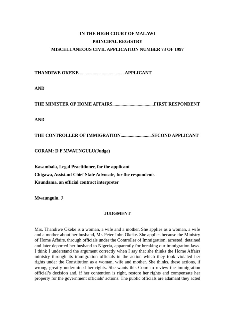 Okeke v Minister of Home Affairs Anor 2001 Mwhc 36 7 July 200 | PDF | Standing (Law) | Supreme ...