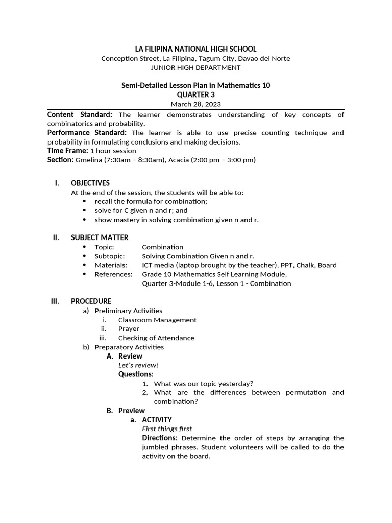 Math 10 Lesson Plan: Combinations | PDF | Numbers | Mathematics