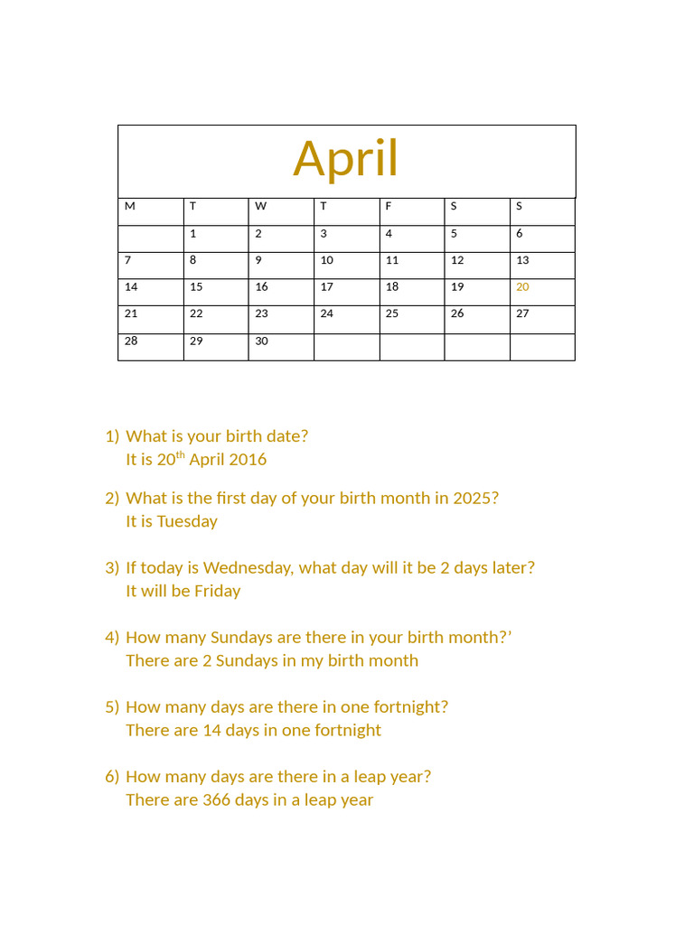 Days in April and Fortnight Facts | PDF