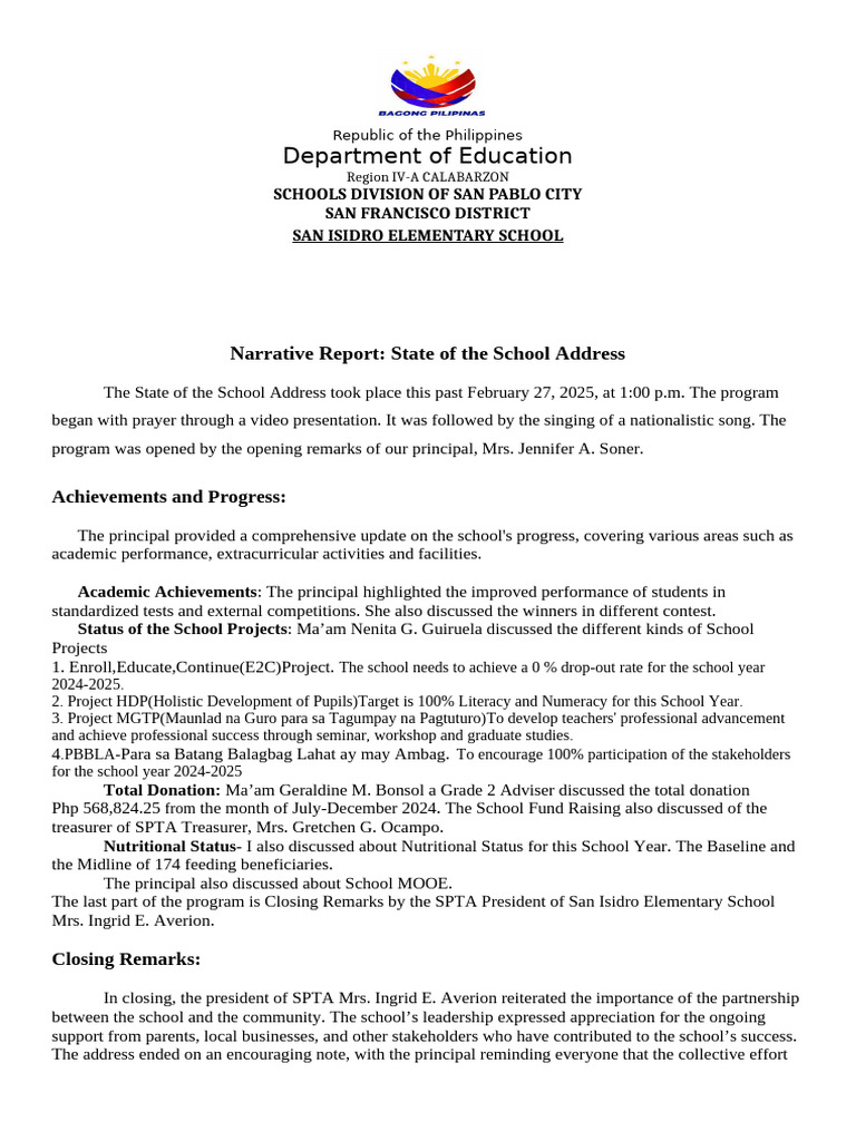 State of the School Address 2025 Report | PDF | Learning