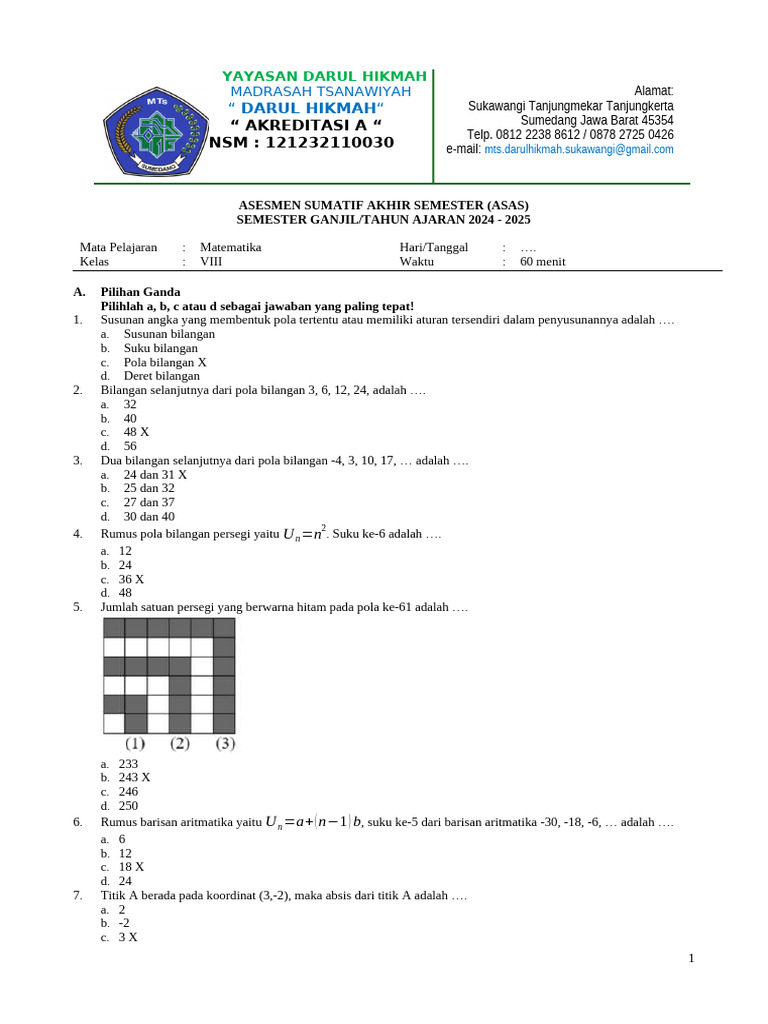 SOAL PAS MTK KELAS 8 SMT1 | PDF