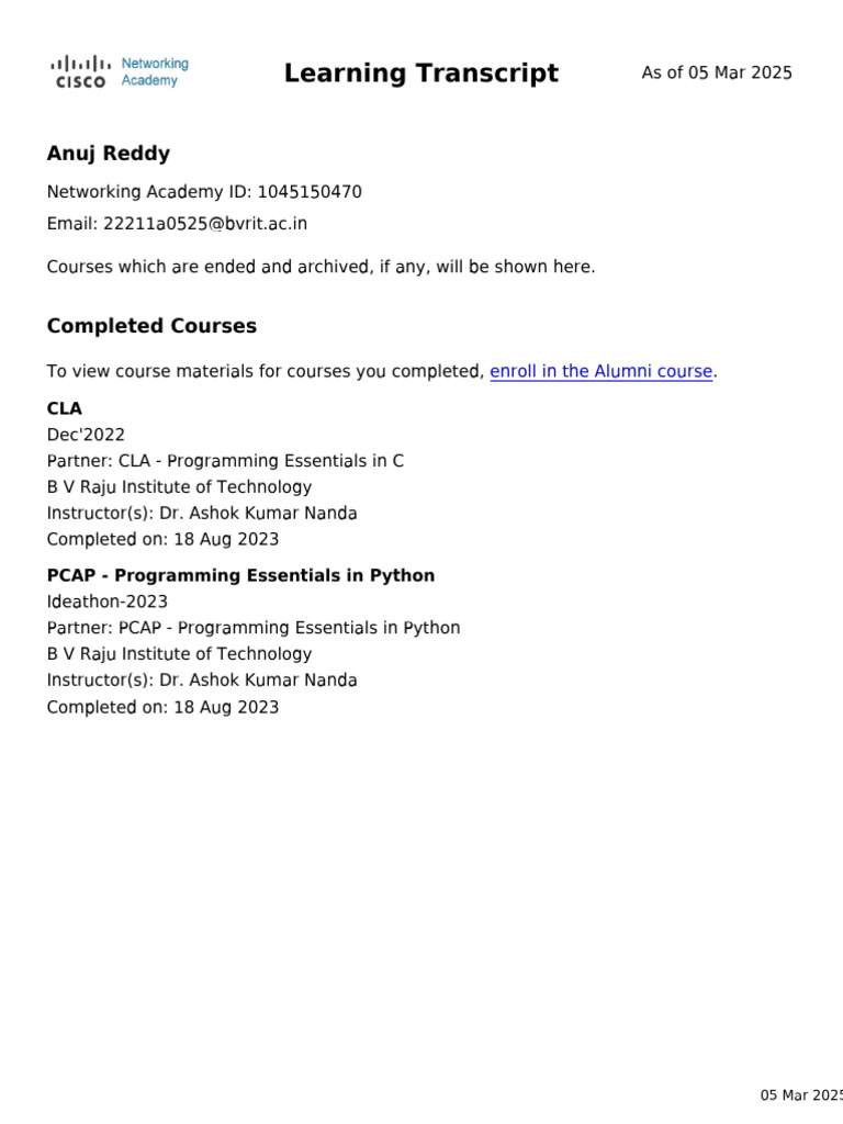 NetAcad Learning Transcript | PDF