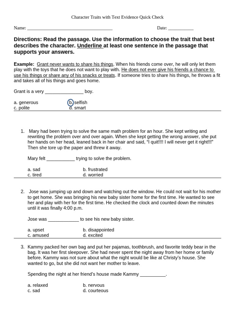 Character Traits Quick Check Passages | PDF