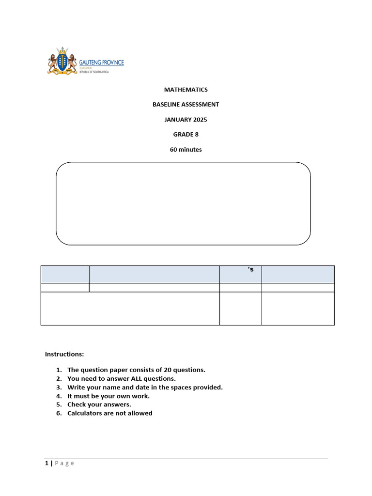 Baseline Assessment 2025 English GR 8 | PDF | Mathematics | Arithmetic