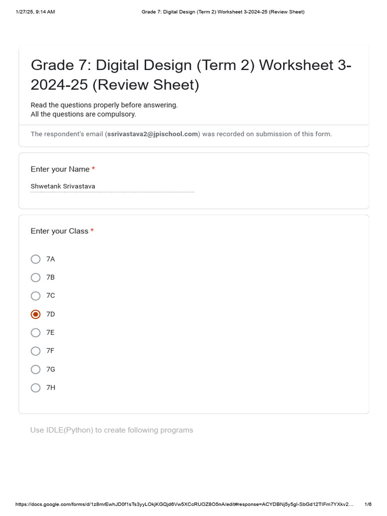 Solution of Grade 7 - Digital Design (Term 2) Worksheet 3-2024-25 ...