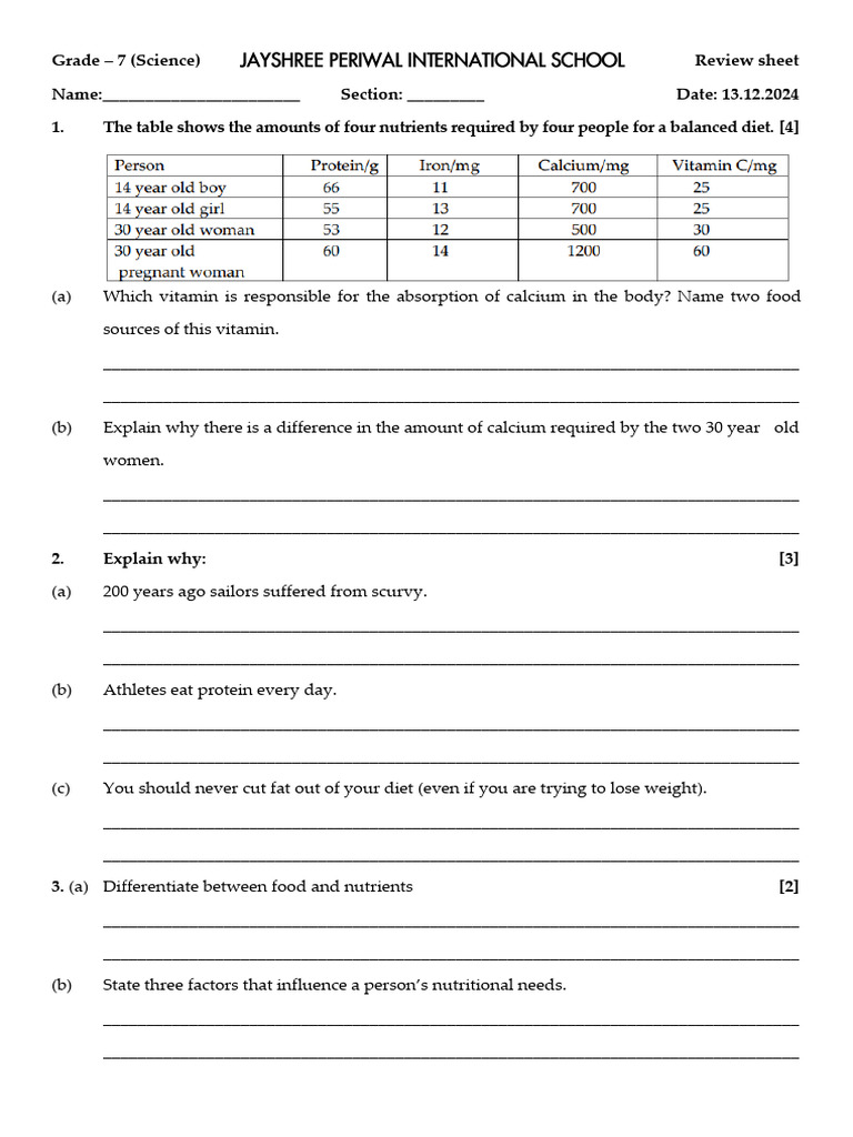 Science - Review Sheet - 13.12.24 Answer Key | PDF | Vitamin | Hemoglobin