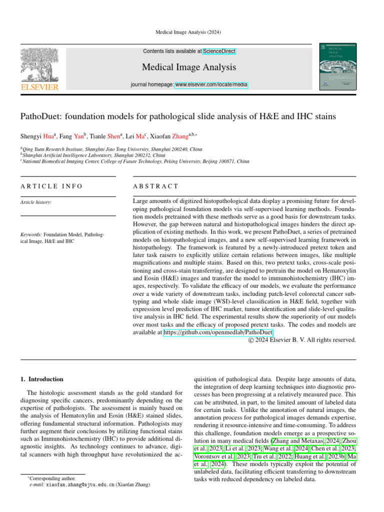 Medical Image Analysis: Pathoduet: Foundation Models For Pathological Slide Analysis of H&E and ...