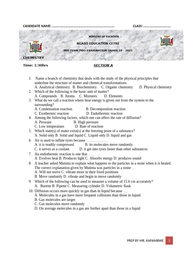 Grade 10 MID TERM 1CHEMISTRY | PDF | Chemistry | Chemical Reactions