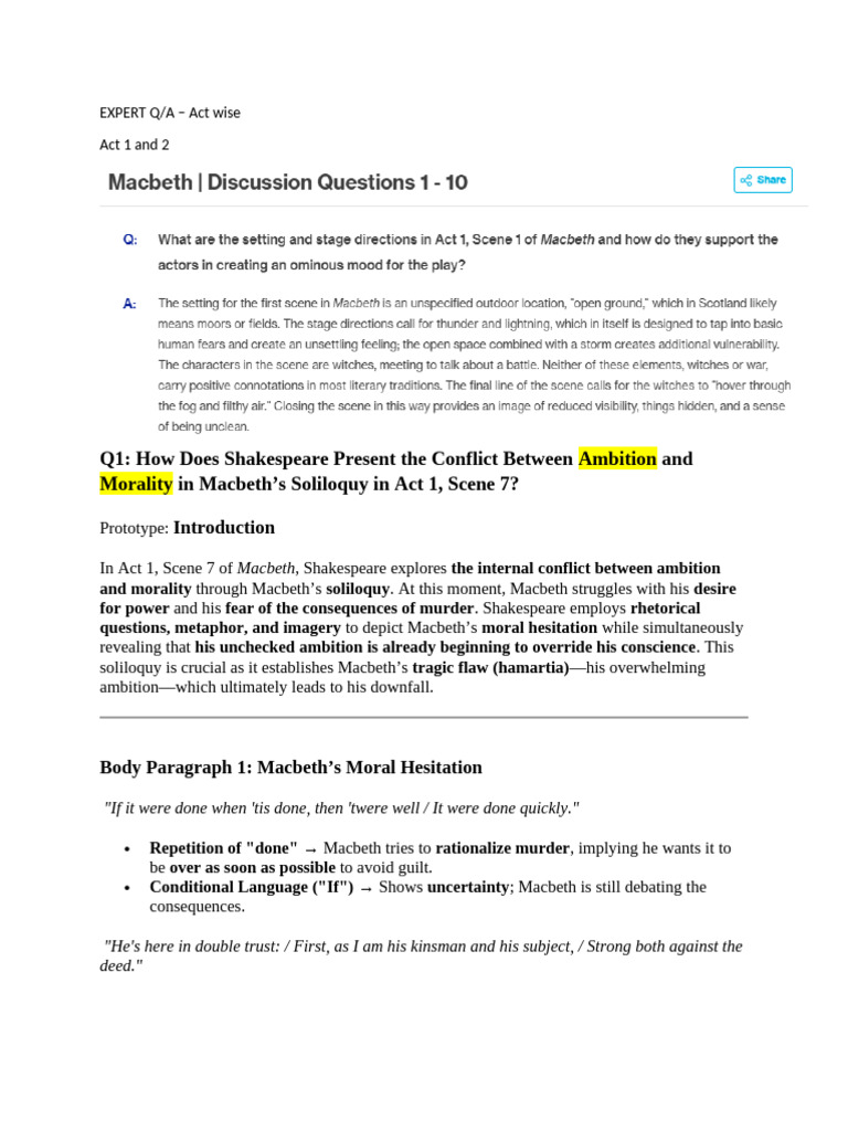 Expert Question and Answers Macbeth - Act Wise | PDF | Macbeth