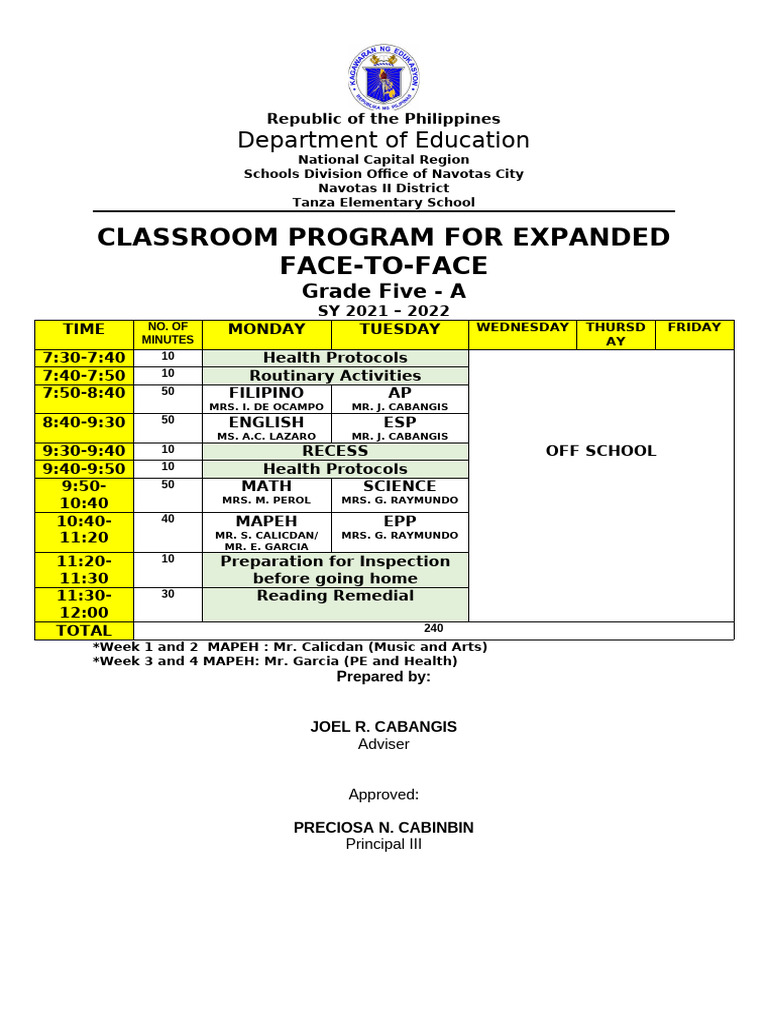 Set A F2F Grade 5 New Schedule Version 8 | PDF | Philippines