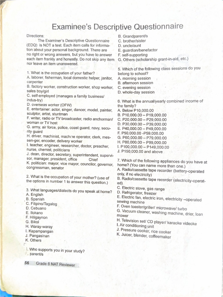 Examinee's Descriptive Questionnaire | PDF