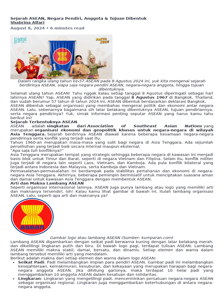 Sejarah dan Tujuan Pembentukan ASEAN | PDF