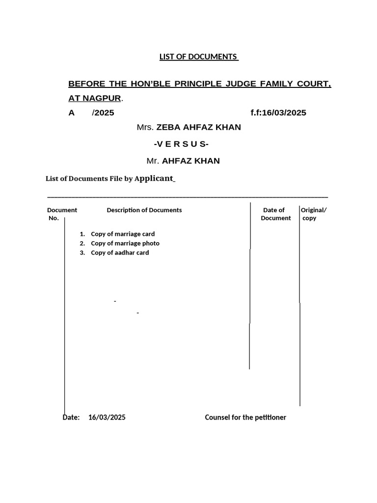 Formate of List of Document | PDF