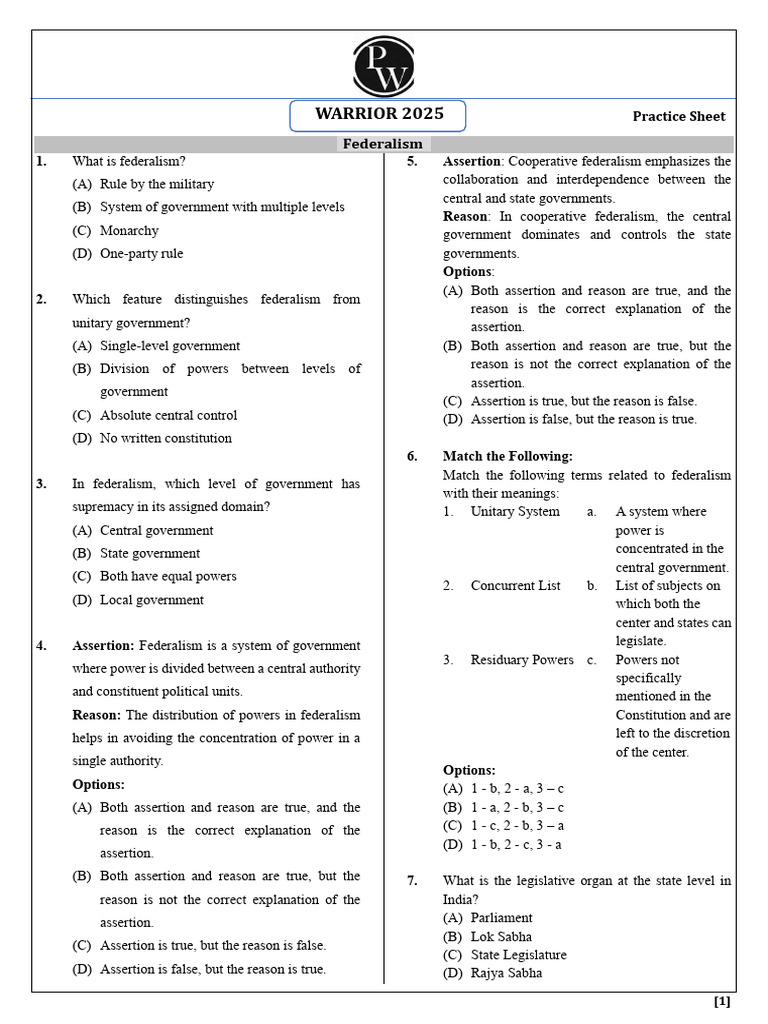Political Science - Federalism - Practice Sheet - Warrior 2025 | PDF ...