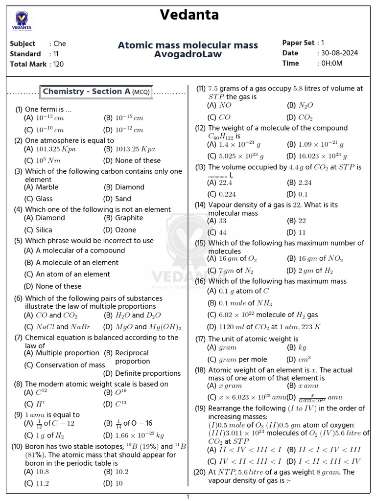 Atomic Mass Molecular Mass AvogadroLaw 1725038142 | PDF | Mole (Unit ...