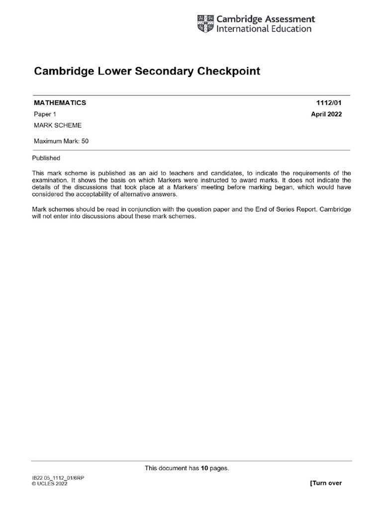 Math Checkpoint Paper 1 Mark Scheme_ April 2022 | PDF