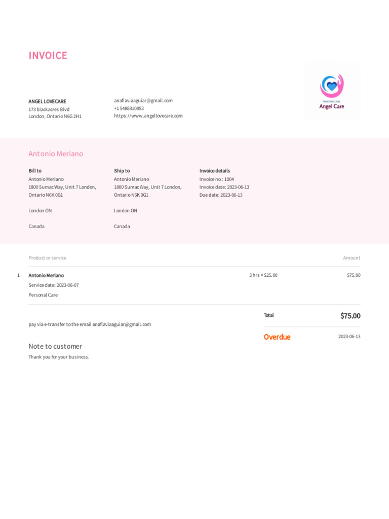 Invoice for Personal Care Services | PDF