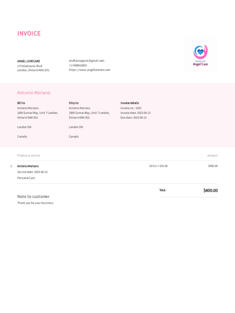 Invoice 1002 From Angel Lovecare | PDF