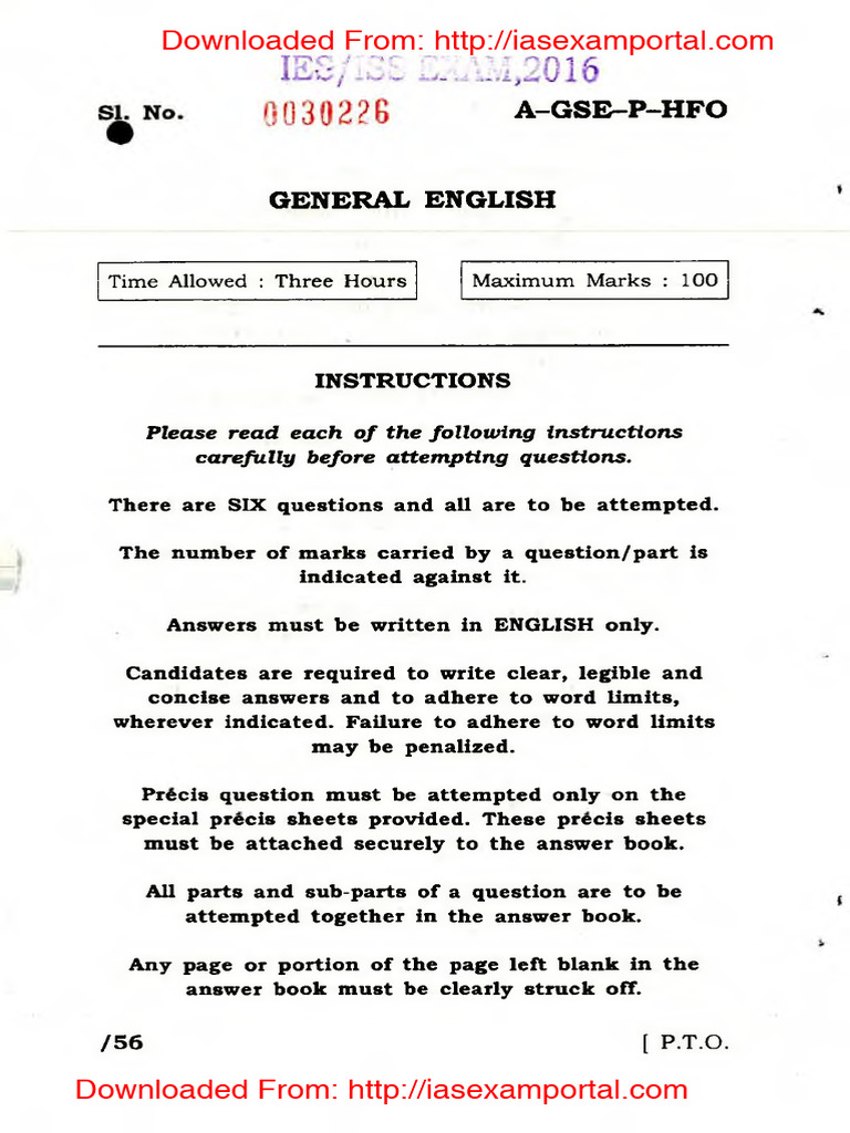 IES ISS Exam Paper 2016 General English | PDF | Literacy | Poverty