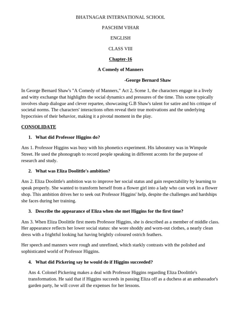 Chapter-16 A Comedy of Manners by G. B Shaw | PDF | Pygmalion (Play)