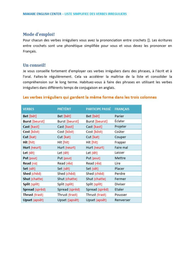 Liste des verbes irréguliers anglais | PDF | Linguistique | Relations ...