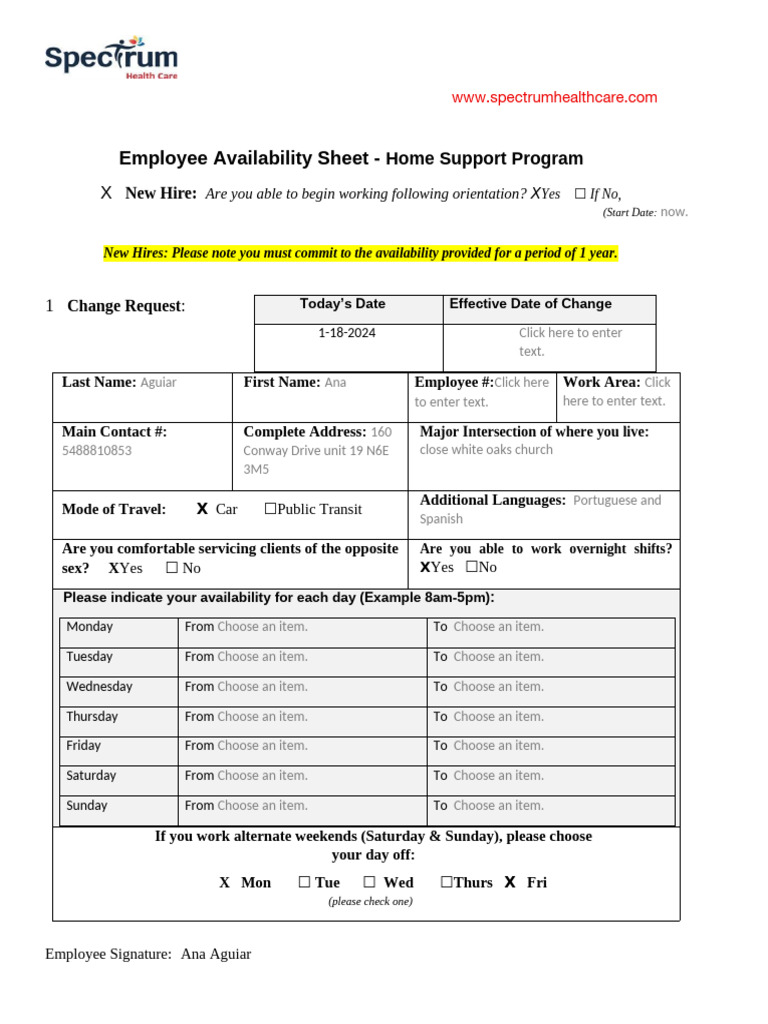 Sheer Spectrum - PSW and HSW Availability Form - Nov 2023 | PDF