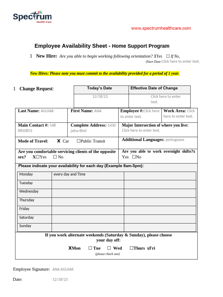 PSW and HSW Availability Form - Nov 2023 | PDF