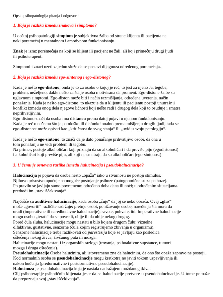 Opsta Psihopatologija Ispitna Pitanja I Odgovori | PDF
