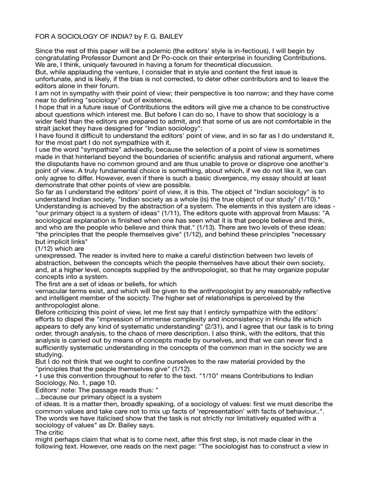 FOR A SOCIOLOGY OF INDIA by F. G. BAILEY | PDF | Sociology | Idea