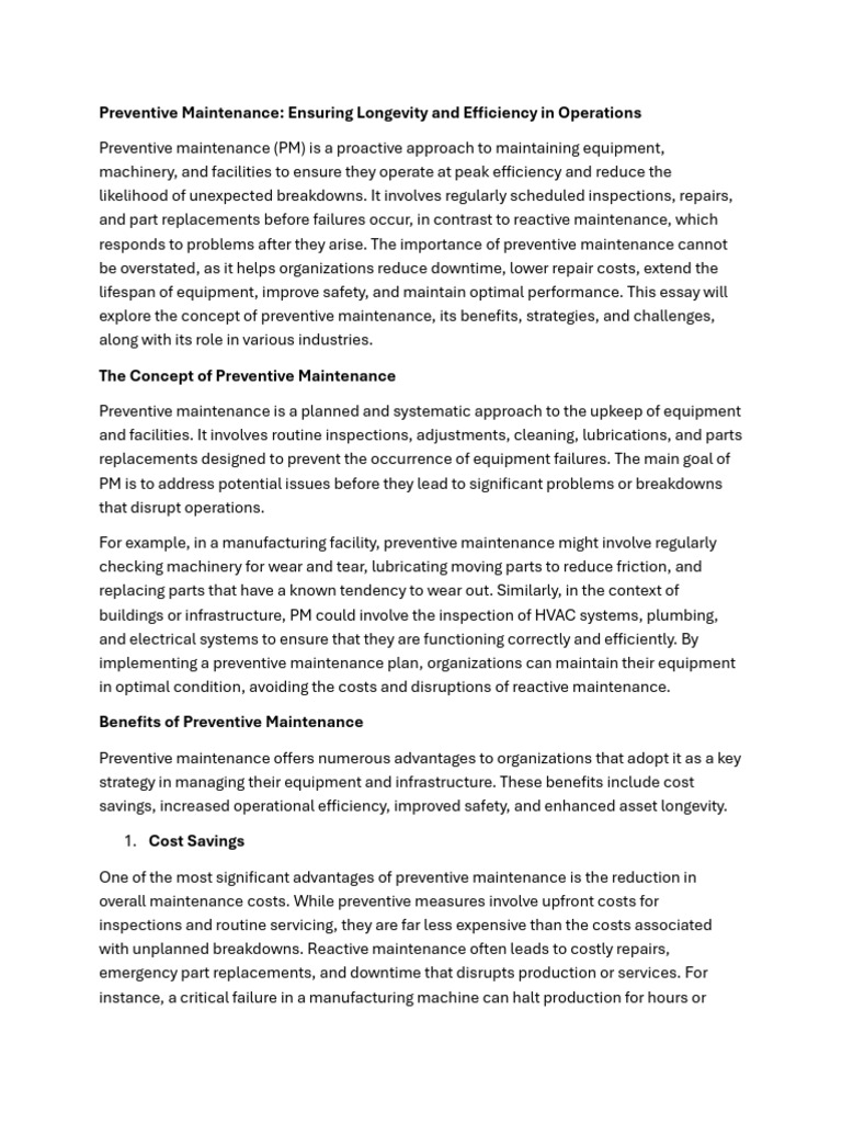 Preventive Maintenance Benefits Explained | PDF | Safety