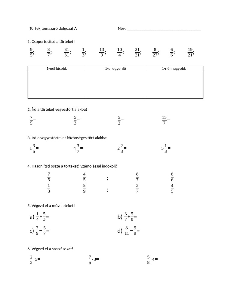 Törtek Témazáró Dolgozat A 5. Osztály 2024 | PDF
