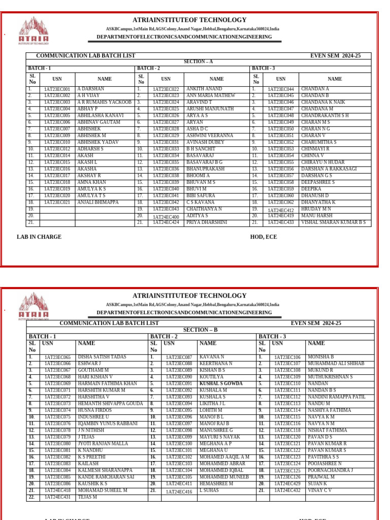 Communication Lab Batch List 2024-25 | PDF