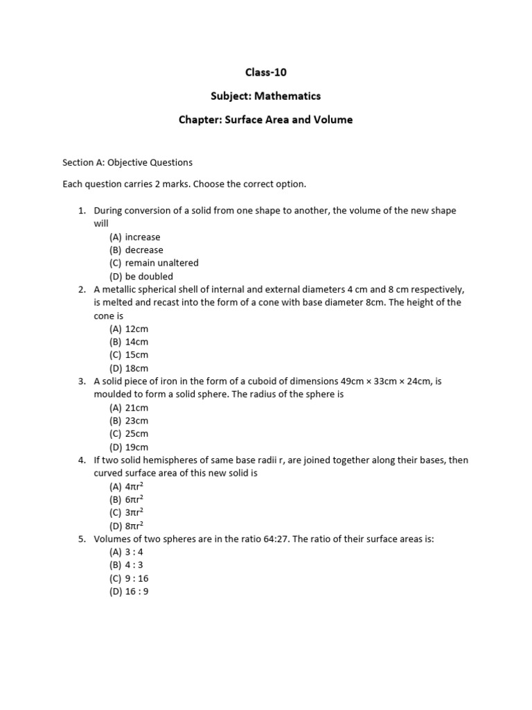 Class 10 Surface Area & Volume Worksheet | PDF