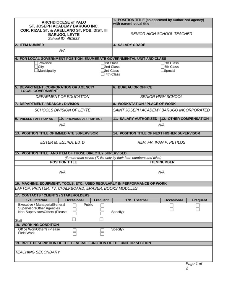 Position Description Form DBM CSC Form No. 1 | PDF