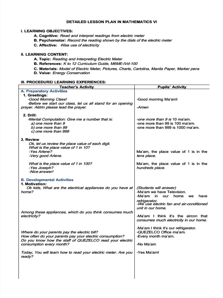 PDF Meter Reading Lesson Plan - Compress | PDF