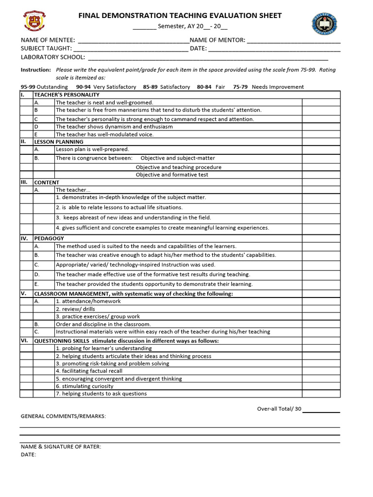 Final Demonstration Teaching Evaluation Sheet | PDF | Teachers | Learning