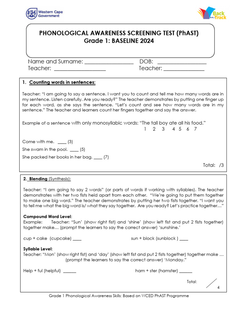 Phonological Awareness Screening Test Grade 1 Baseline | PDF | Syllable ...