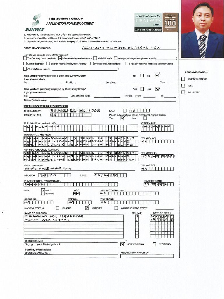Application Form To PT Sunway Trek Masindo | PDF