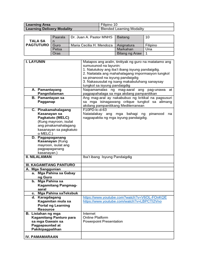 Lesson-Exemplar-Filipino 10 Isyung Pandaigdig | PDF