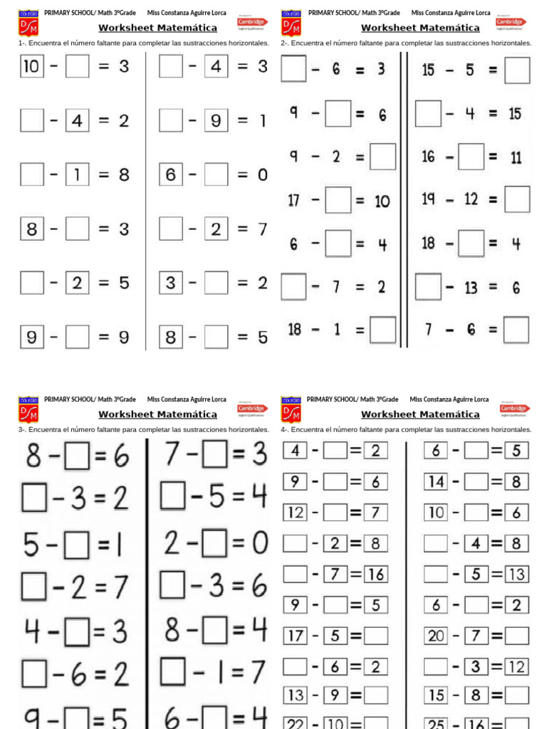 Guía Matemática N°3 Restas Horizontales encontrar el que falta | PDF