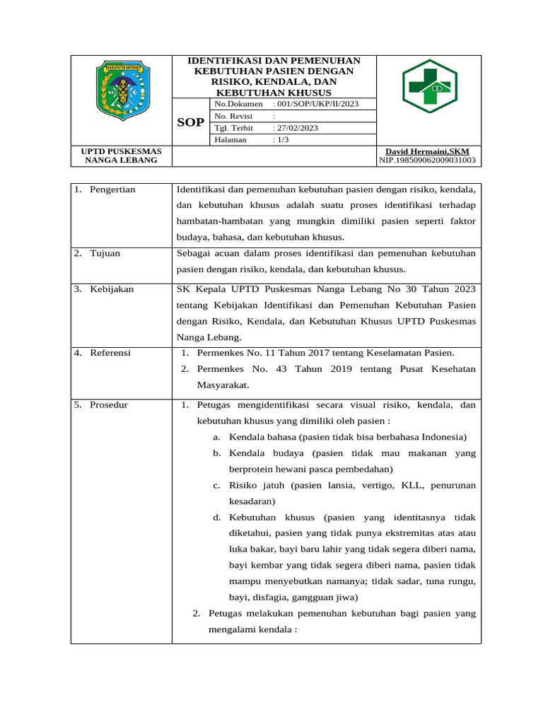3.1.1.a Sop Identifikasi Dan Pemenuhan Kebutuhan Pasien Dengan Risiko, Kendala, Dan Kebutuhan ...