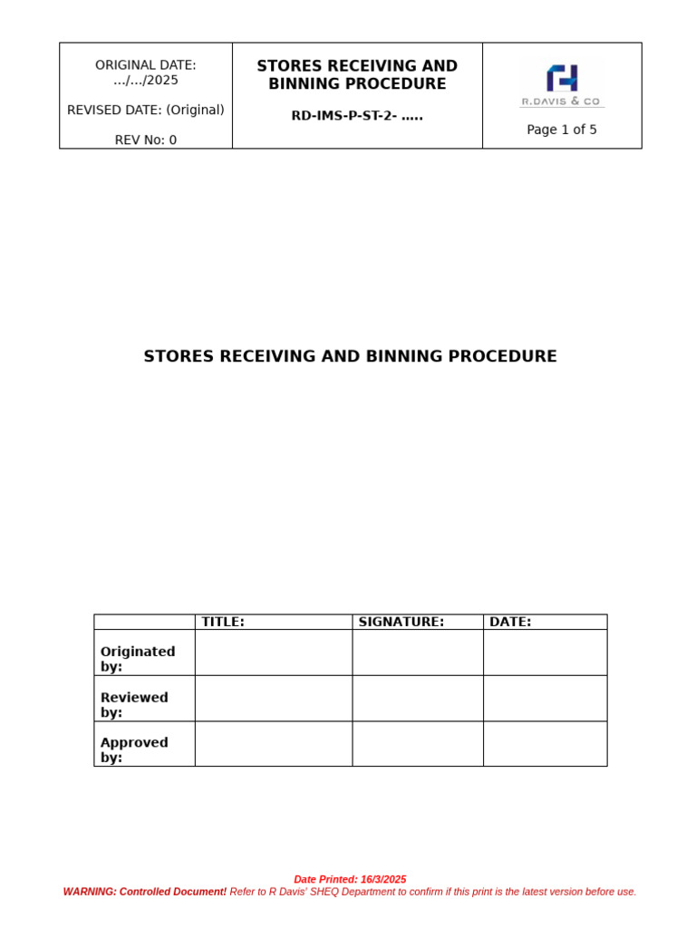 Stores Receiving and Binning Procedure | PDF | Specification (Technical ...