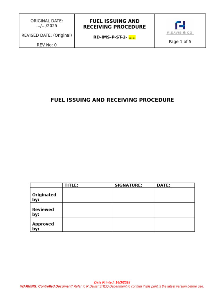 Fuel Issuing and Receiving Procedure | PDF | Personal Protective ...