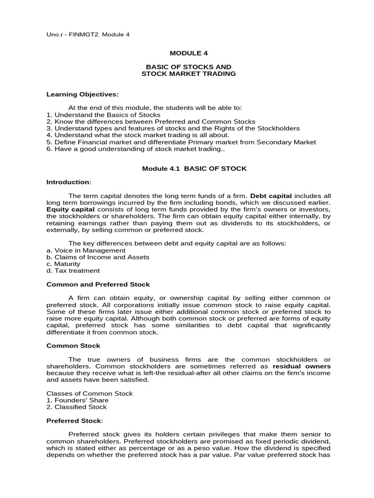 Uno.r FinMgt2. Module 4 Basic of Stock Stock Market Trading | PDF ...