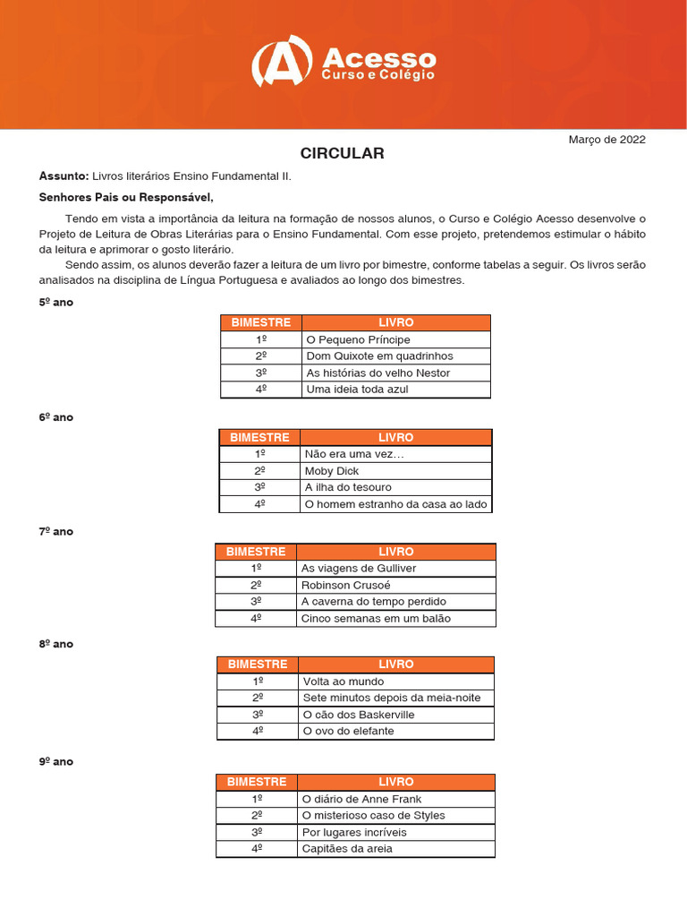 Acesso Circular 01 Geral Livros Literarios | PDF