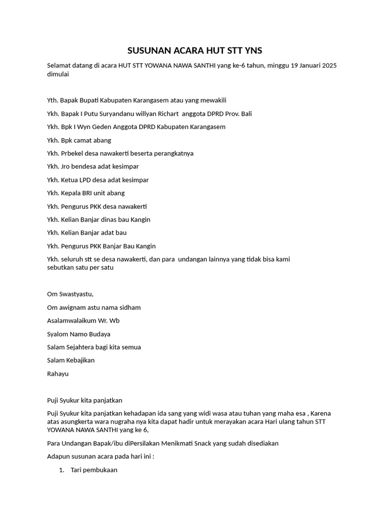 Susunan Acara Hut Stt Yns | PDF